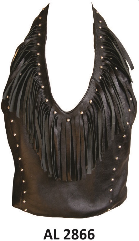 Fringe & Stud Embellished Lambskin Halter Top for Women - All State Leather