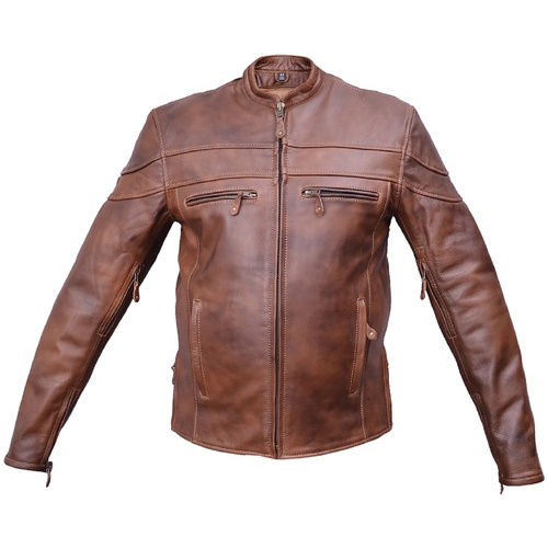 Brown Buffalo Leather Motorcycle Jacket - Silver